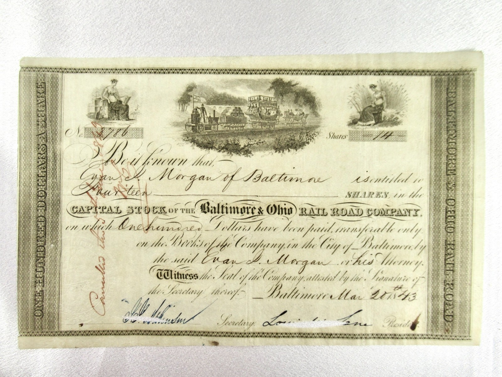 1843 BALTIMORE & OHIO RAILROAD B&O STOCK CERTIFICATE SIGNED LOUIS ...