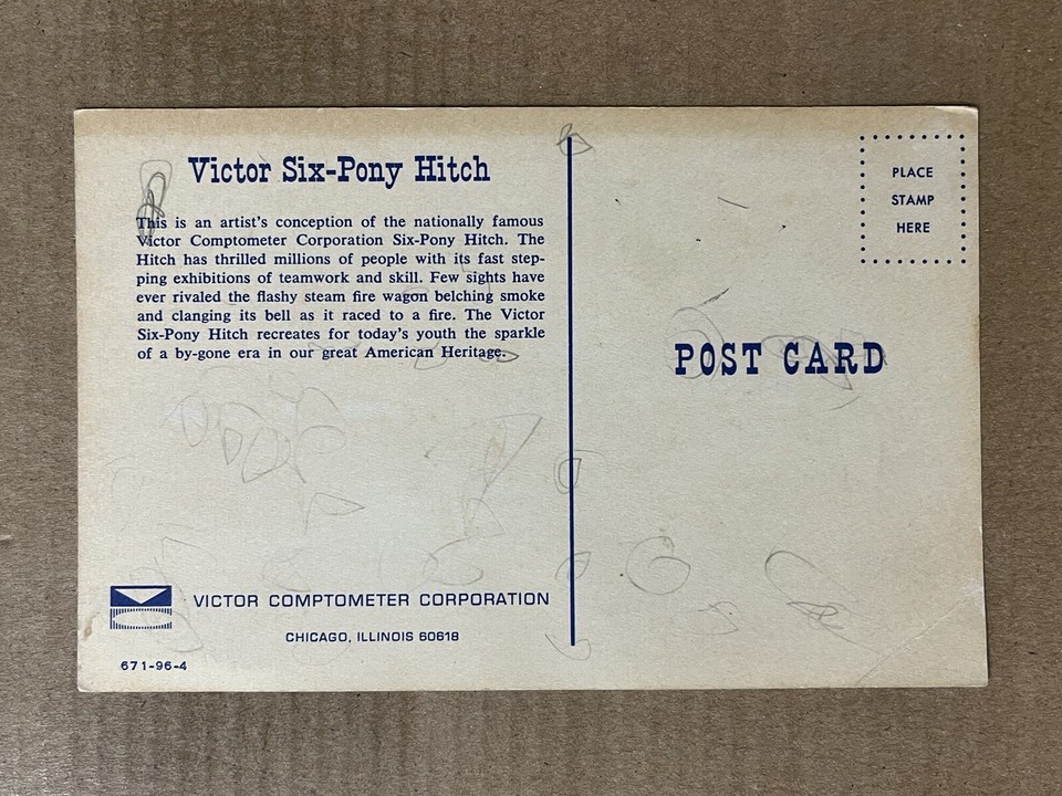 Postcard Victor Six-Pony Hitch Fire Department Wagon Comptometer Corp ...