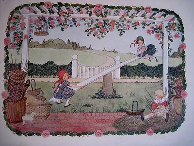 1912 Print From a Children's Music Book w/ Girls On See-Saw & Bird In ...