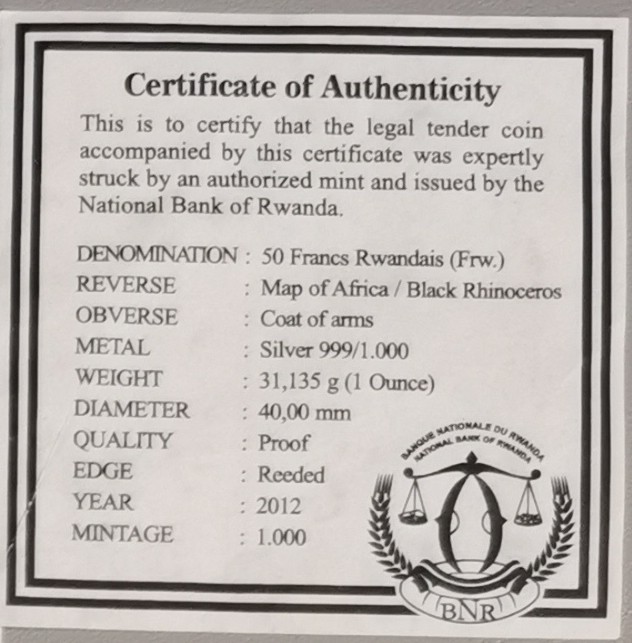 Ruanda 50 Amafaranga 2012 Wildlife Nashorn 1 Oz Silber PP + Zertifikat ...