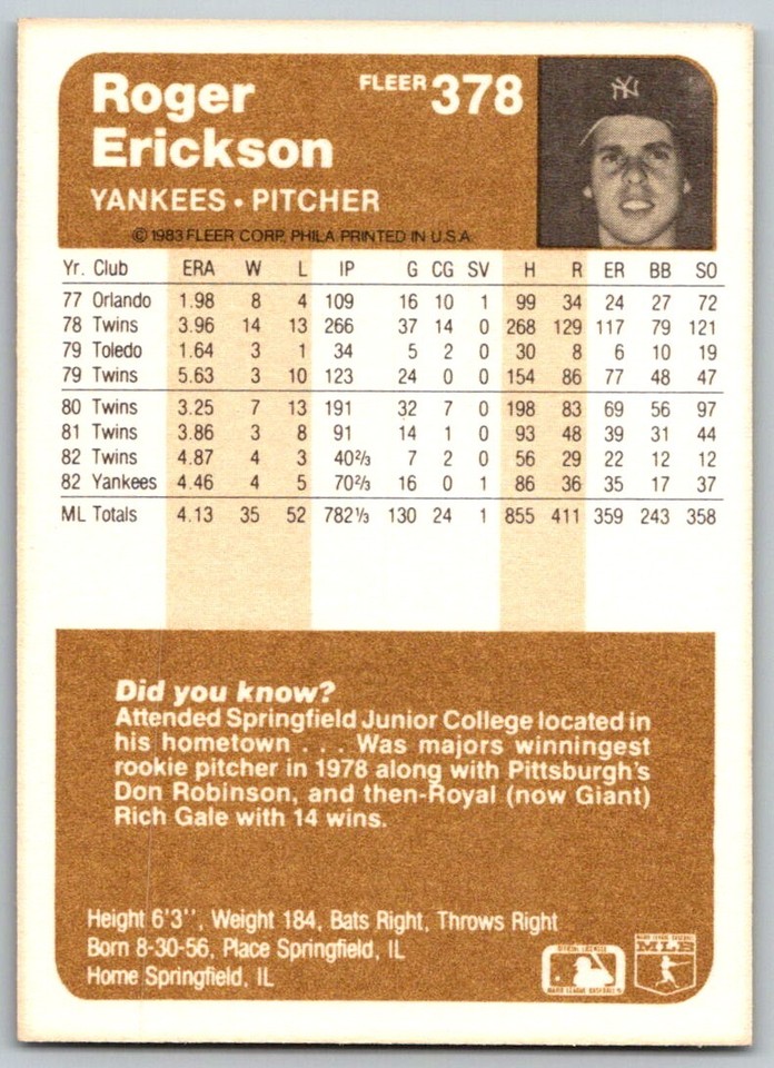 1983 FLEER ROGER ERICKSON NEW YORK YANKEES #378 | eBay
