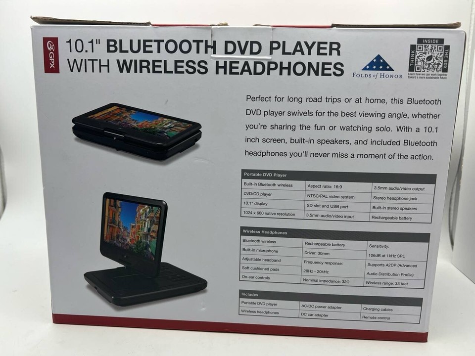 Portable Bluetooth DVD Player 10.1" w/ Wireless Headphones Rotate – GPX ...