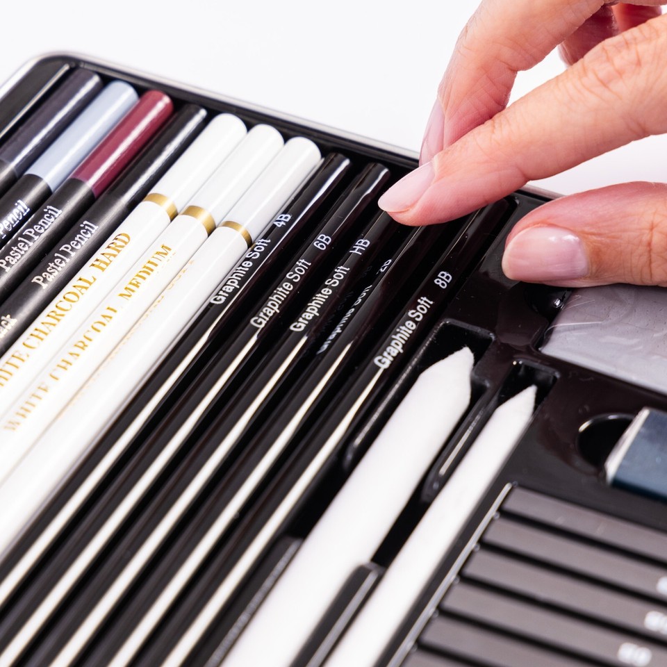 Artist Drawing Set Tin Sketching Box Pencils Pastels Charcoal Graphite ...