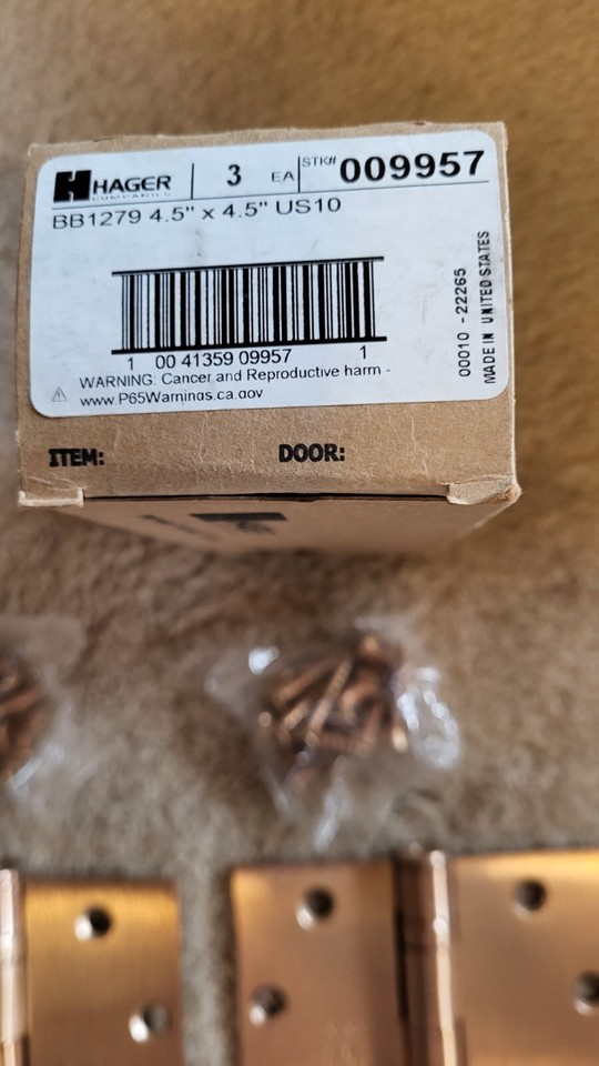 Box of 3 ~ HAGER BB1279 HINGES 4.5" x 4.5" COLOR IS US10 Finish with ...