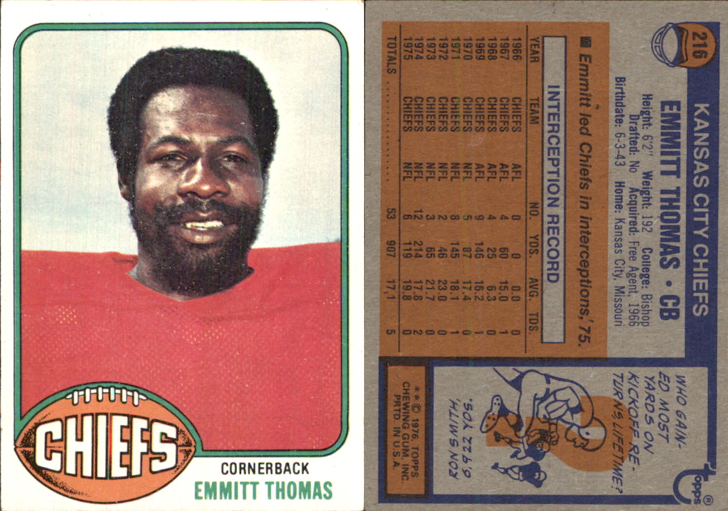 Emmitt Thomas 1976 Topps #216 Card Chiefs FREE SHIP *AutographDen* | eBay