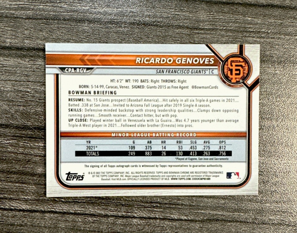 Ricardo Genoves 2022 Bowman Chrome Bowman 1st Auto SF Giants #CPA-RGV ...