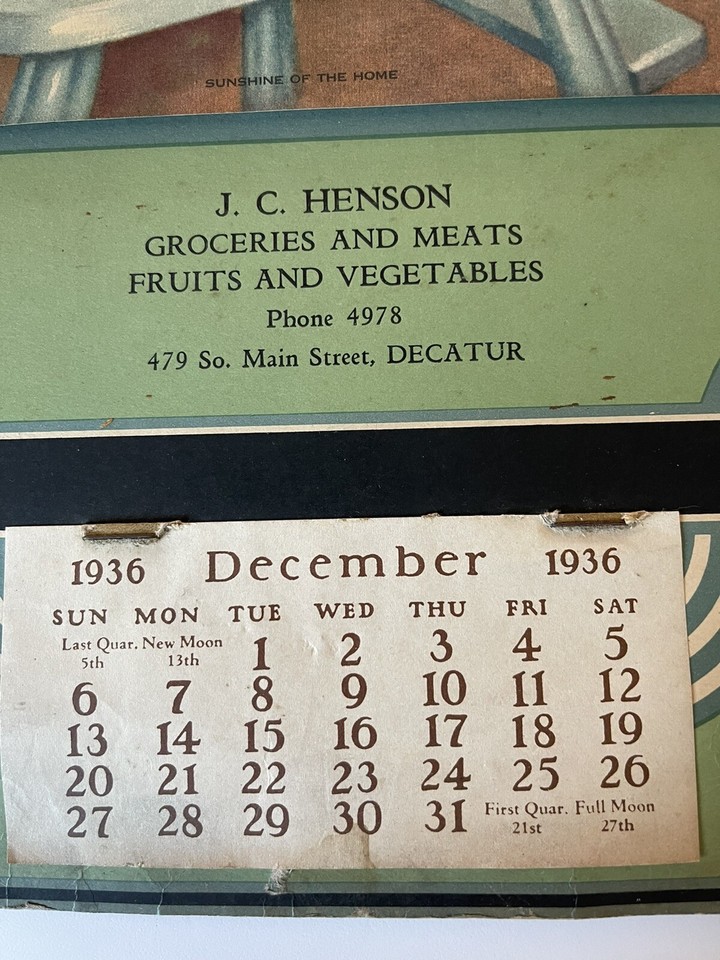 1936 CALENDAR J C HENSON GROCERIES DECATUR CHARLOTTE BECKER PRINT ...