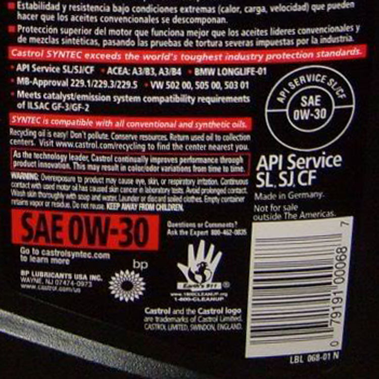 NEW 6 QUARTS GERMAN CASTROL SYNTEC SAE 0W-30 FULL SYNTHETiC MOTOR OiL ...