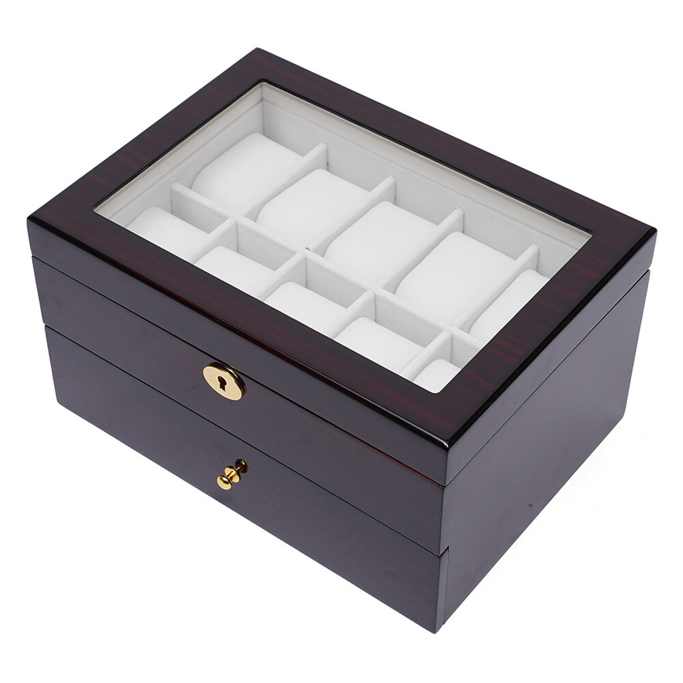 20 Slot Wood Watch Box Display Case Glass Top Jewelry Storage Organizer ...
