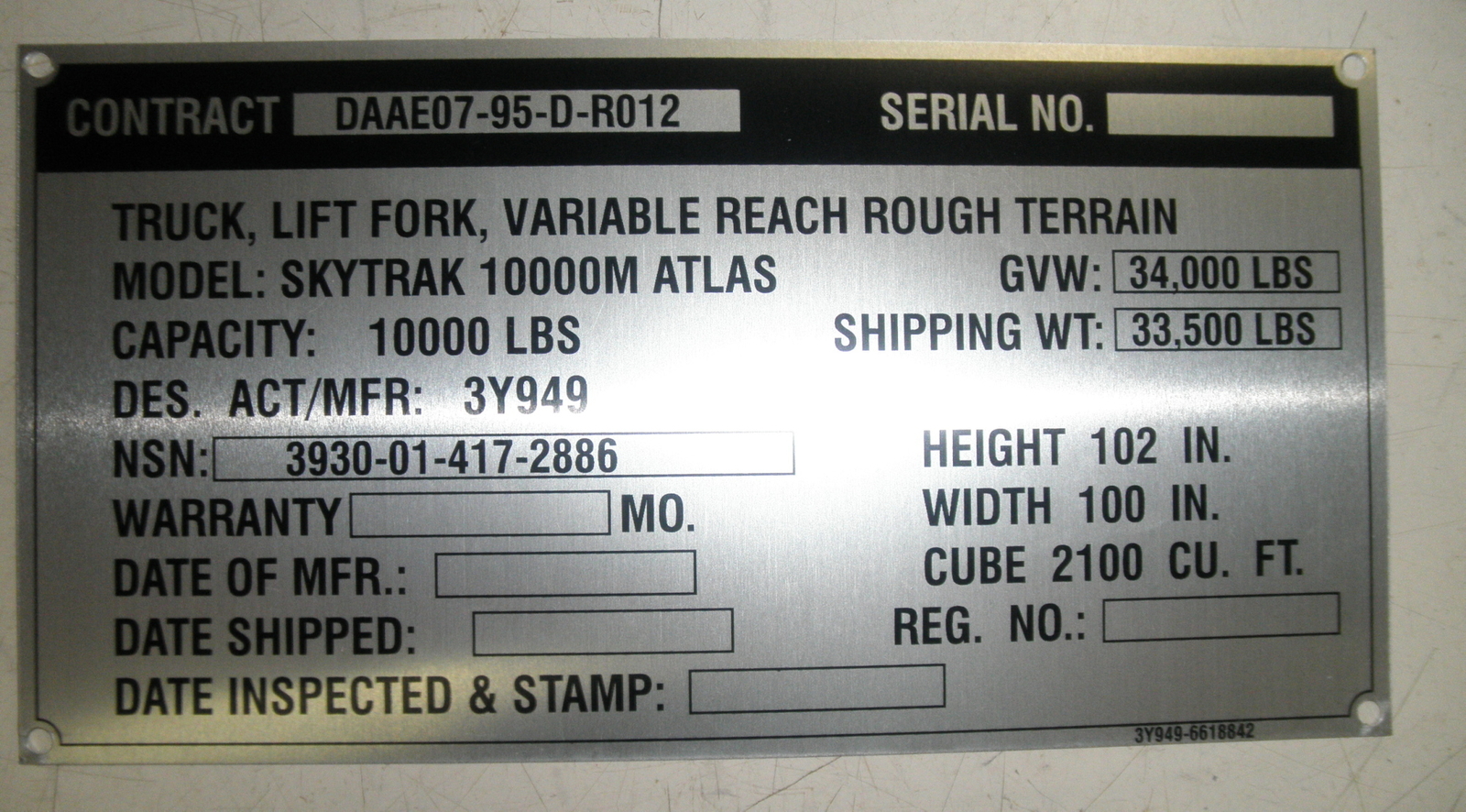 9905-01-443-9789 Identification Plate 6618842 JLG Trak Skytrak 10000M ...