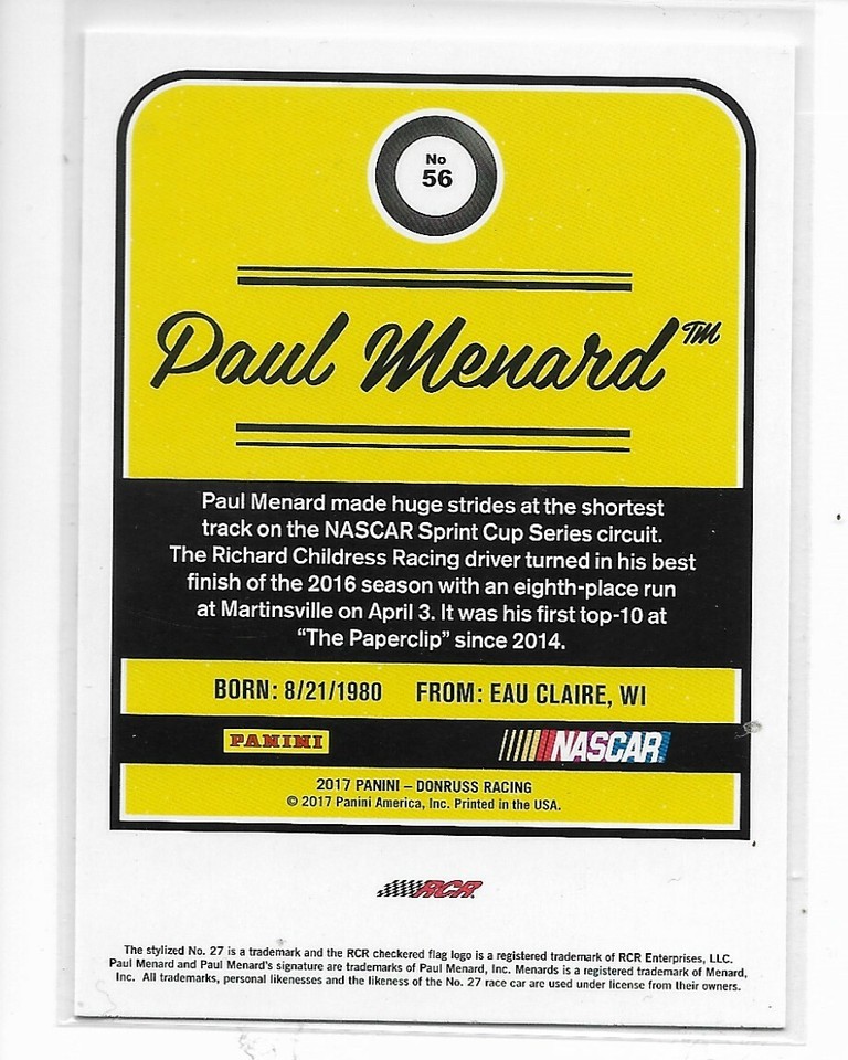2017 Donruss Racing Base Card # 56 - Paul Menard | eBay