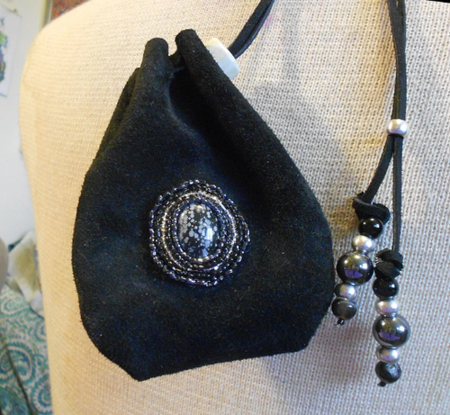 Snowflake Obsidian Black Suede Leather Beaded Drawstring Bag Pouch with ...