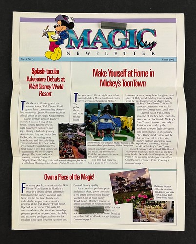 1992 Magic Key Newsletter Walt Disney World Toon Town Opening Vintage ...