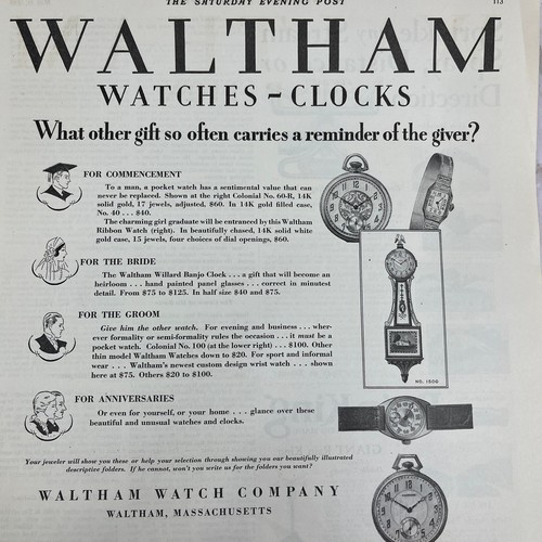 Waltham Watches-Clocks MA 1928 Original Magazine Advertisement FL6-8 | eBay