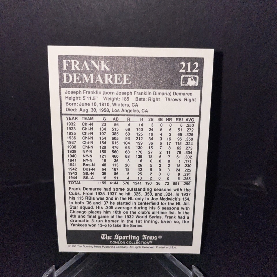1991 CONLON COLLECTION TSN - FRANK DEMAREE #212 NEW YORK GIANTS | eBay