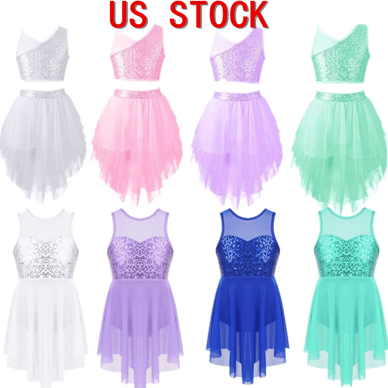 Girls Lyrical Ballet Tutus Dance Costumes Sequin Crop Top Layered Mesh ...