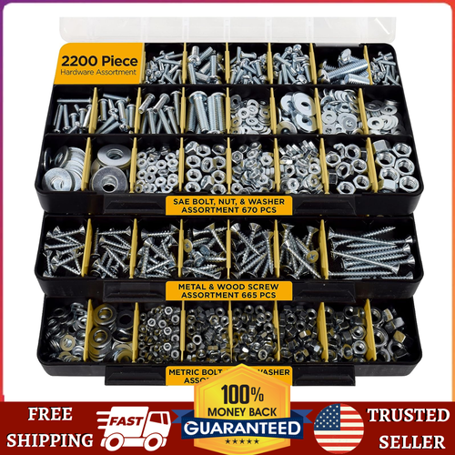 2200 Pcs Hardware Assortment Kit Metric/SAE Machine Screws Nuts/Bolts ...