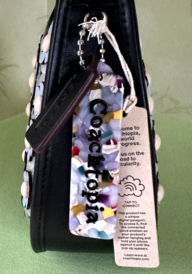 COACH COACHTOPIA ERGO BAG w/MINI FLOWER APPLIQUE:NWT BLACK/ICE BLUE ...