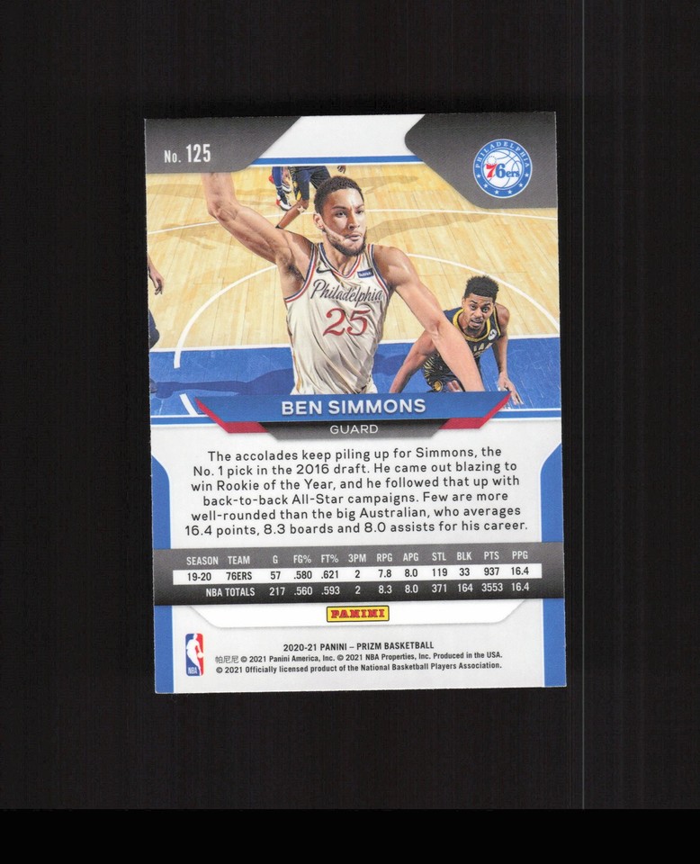 2020-21 Panini Prizm #125 Ben Simmons Basketball Card Philadelphia ...