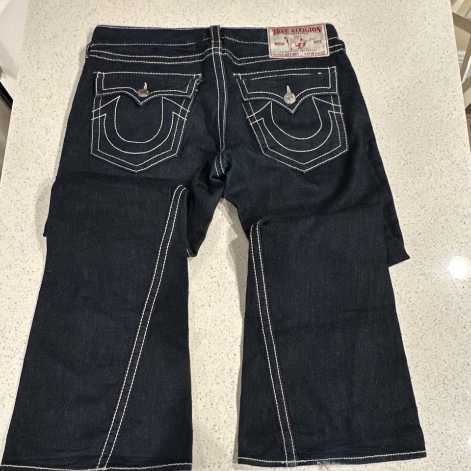 True Religion Bootcut Jeans Dark Blue Denim Contrast Stitching Logo ...