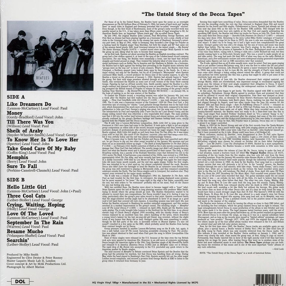 RARE BEATLES 'COMPLETE DECCA TAPES' VINYL RECORD ALBUM, 180 GRAM, STILL ...