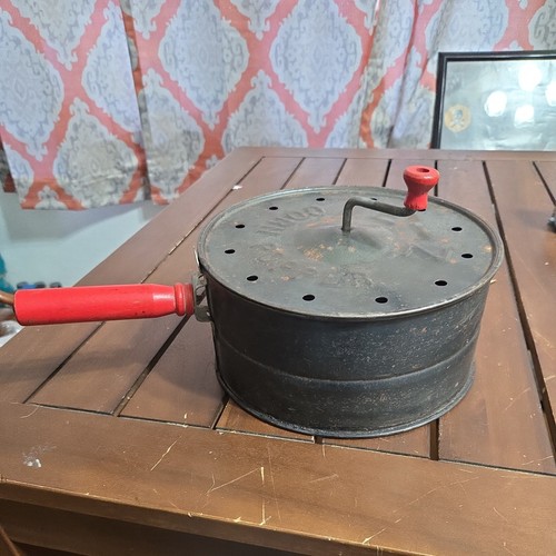VTG E-Z Tin Metal Corn Popper Hand Crank Red Handle Popcorn Stovetop ...