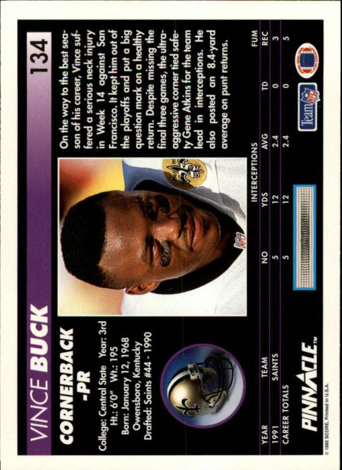 1992 Pinnacle #134 Vince Buck - NM | eBay