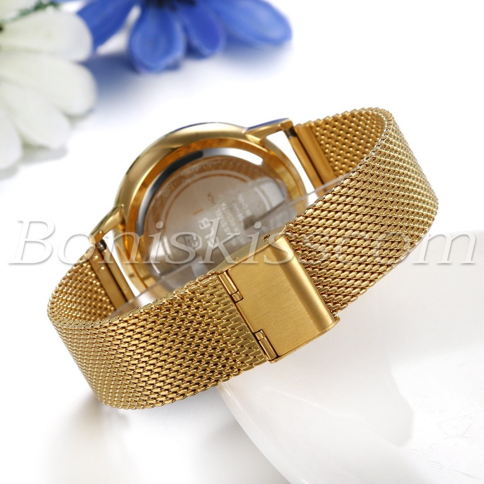 Men's Luxury Gold Tone Stainless Steel Mesh Band 12/24 Hours Quartz ...