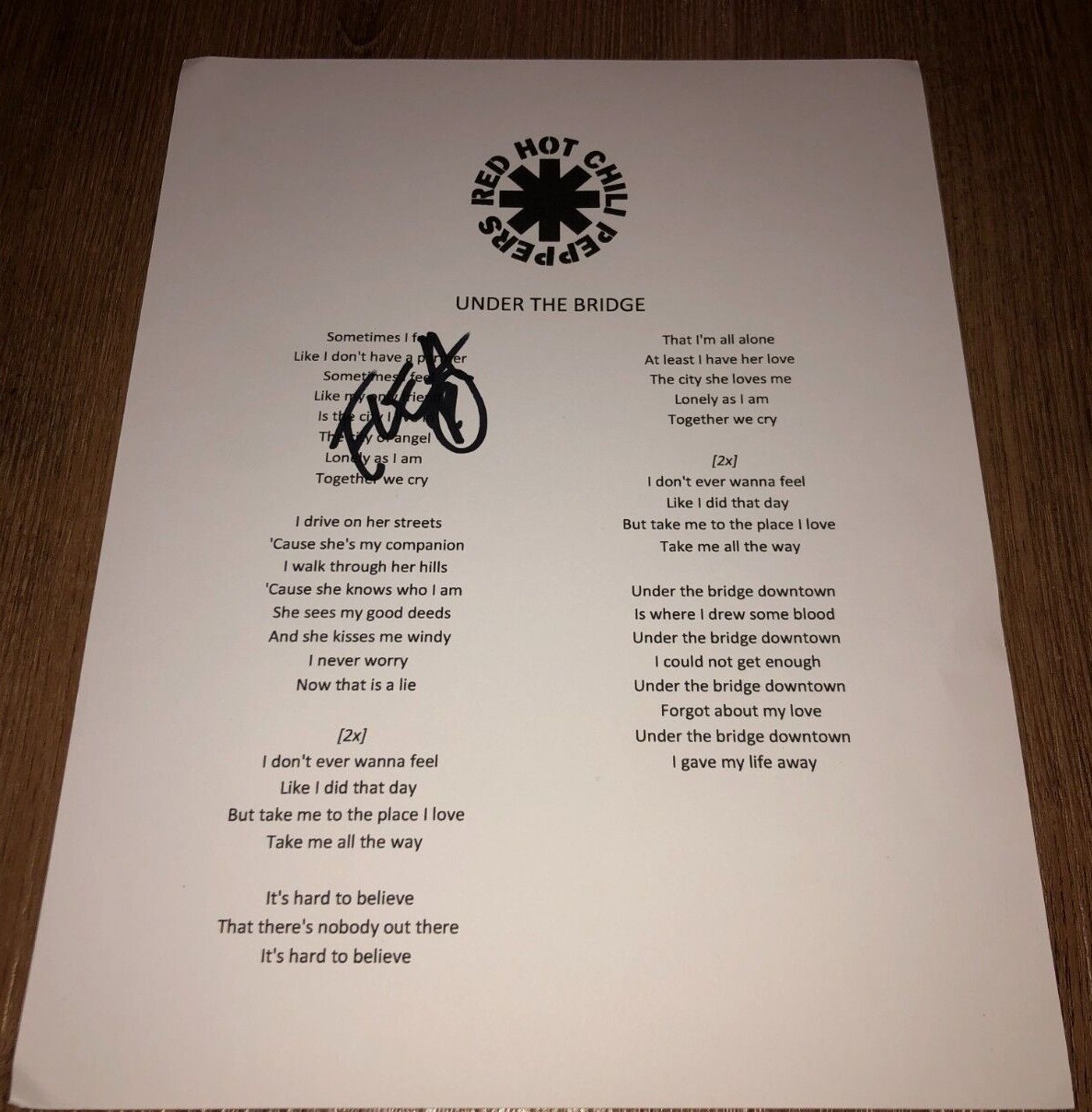 Flea Red Hot Chili Peppers Under The Bridge Signed Autographed Lyric ...