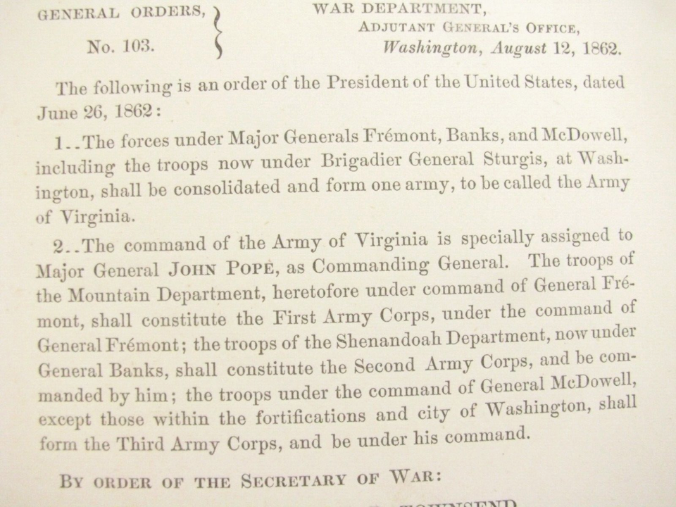 CIVIL WAR GENERAL JOHN POPE ARMY OF VIRGINIA COMMAND ORDER 1862 | eBay
