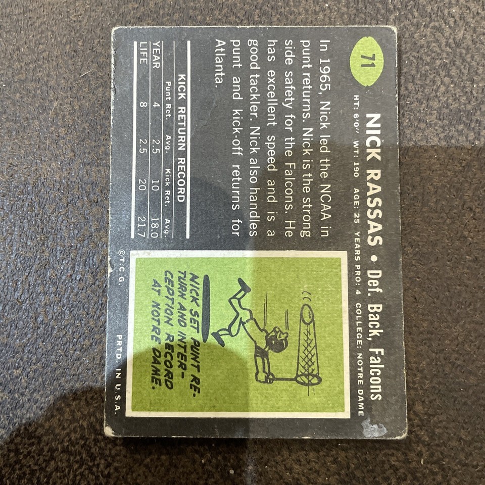 1969 Topps # 71 Nick Rassas Falcons Football Card! | eBay