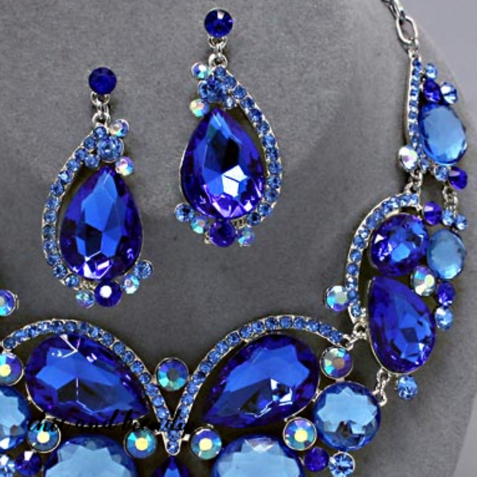 STATEMENT BLUE GLASS CRYSTAL CHUNKY PROM BRIDAL FORMAL NECKLACE JEWELRY ...