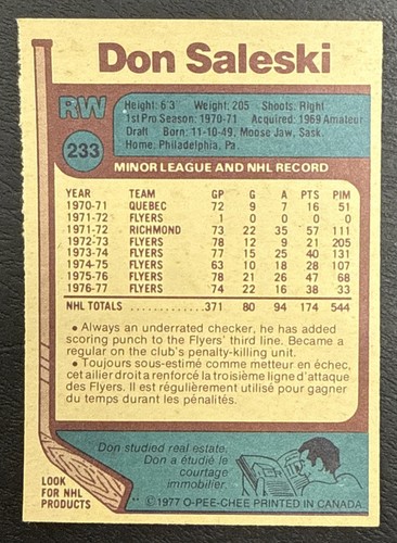 1977-78 O-Pee-Chee OPC Hockey - #233 Don Saleski - Philadelphia Flyers ...