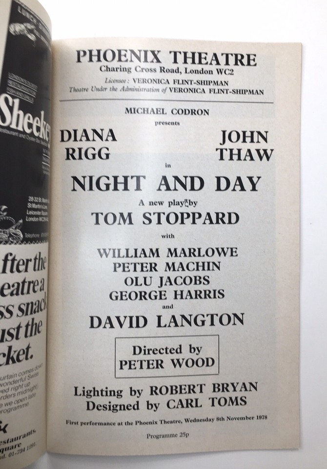 1978 PHOENIX THEATRE: JOHN THAW & DIANA RIGG in NIGHT AND DAY - BY TOM ...