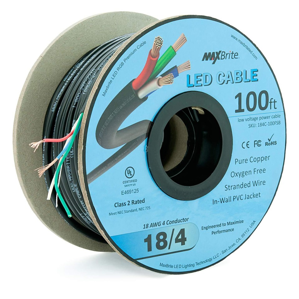 100 ft. 18AWG Low Voltage LED Cable 4 Conductor Black Sleeve In-Wall ...