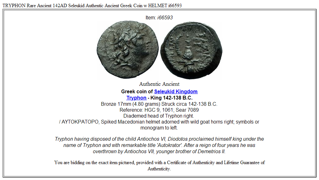 TRYPHON Rare Ancient 142AD Seleukid Authentic Ancient Greek Coin w ...