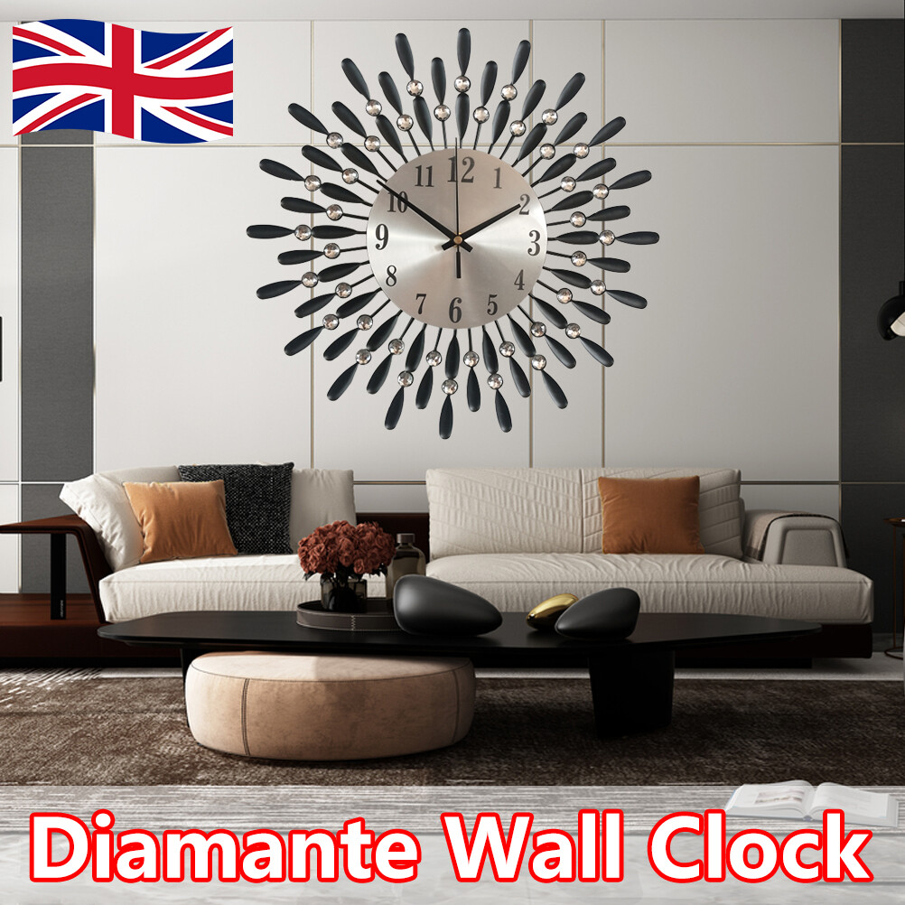 3D Large Diamante Beaded Crystal Jeweled Sunburst Wall Clock Living ...