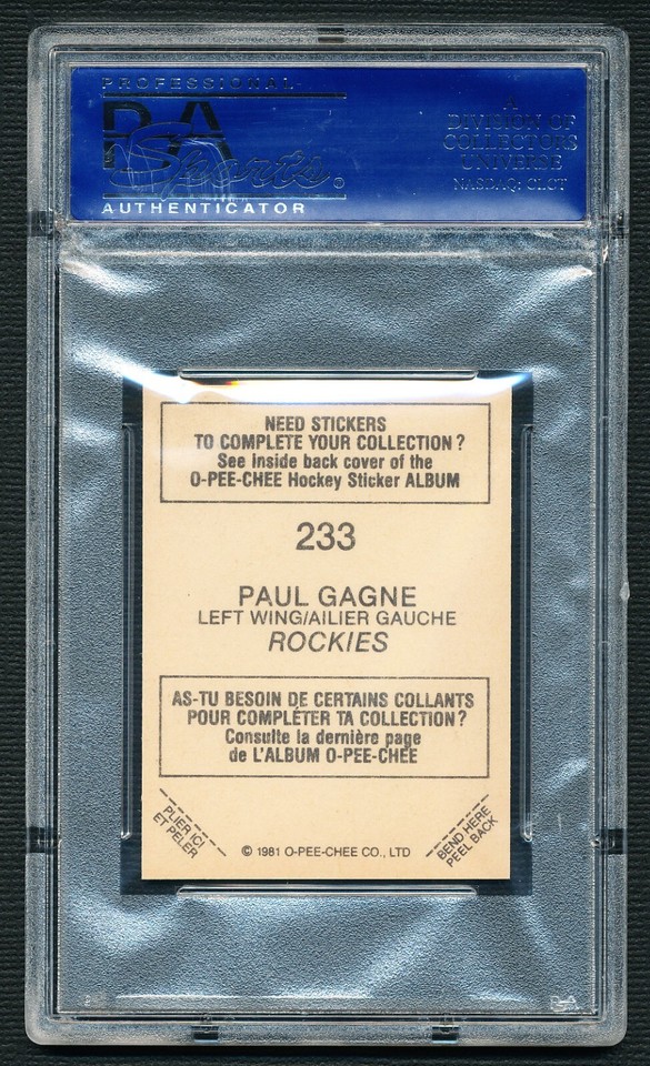 1981 OPC HOCKEY STICKER 1st YEAR PAUL GAGNE RC 233 COLORADO ROCKIES PSA ...