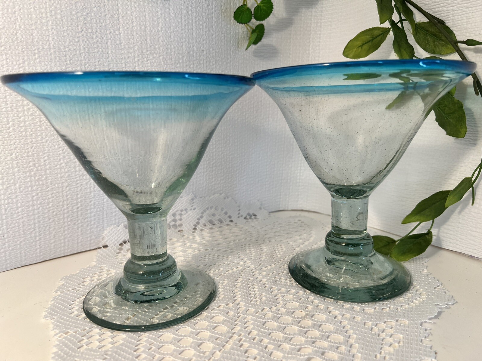 Set 2-Aztecas Design Mexico Heavy Blue/Green Bubble Glass Martini Hand ...