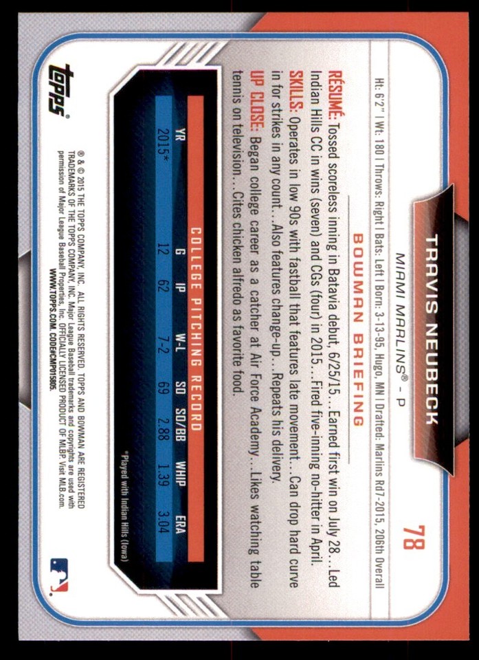 2015 BOWMAN DRAFT PICKS & PROSPECTS TRAVIS NEUBECK MIAMI MARLINS #78 | eBay