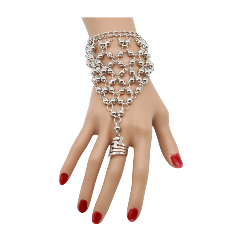 Women Silver Metal Hand Chain Bracelet Ball Charms Ring Connected One ...