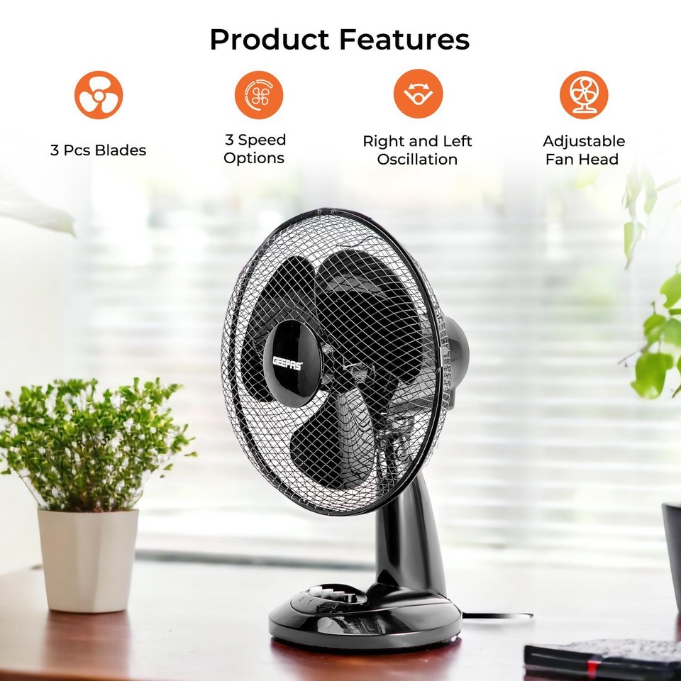12-inch Table Fan Electric Portable Desktop 3 Speed Oscillating ...