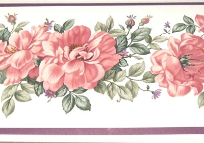 Wallpaper Border Large Pink Cabbage Roses Rose Purple Trim White Wall ...