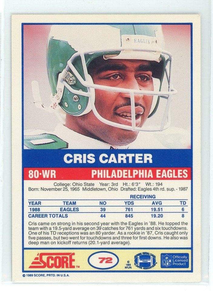 1989 Score CRIS CARTER Rookie Card #72 Sweet Card HD Scans- Gradeable ...