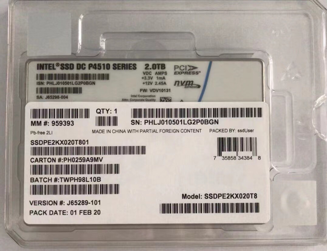 Intel P4510 Series 2TB SSD DC NVME U.2 SSDPE2KX020T8 Solid State Drive ...