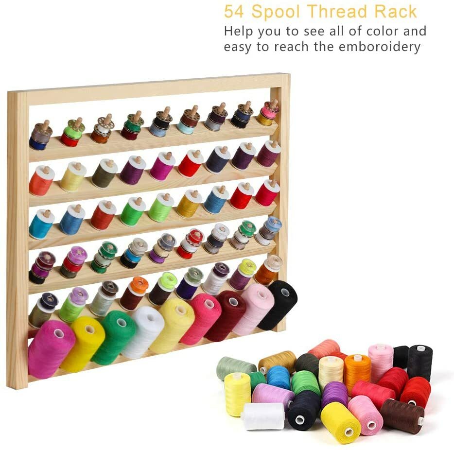 54-Spool Sewing Thread Rack with Hanging Hook, Wall Mounted Wooden ...