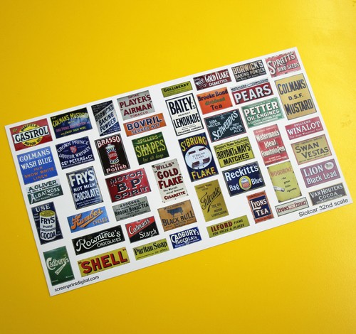 Slot car size 32nd scale enamel signs vintage looking pre cut stickers ...