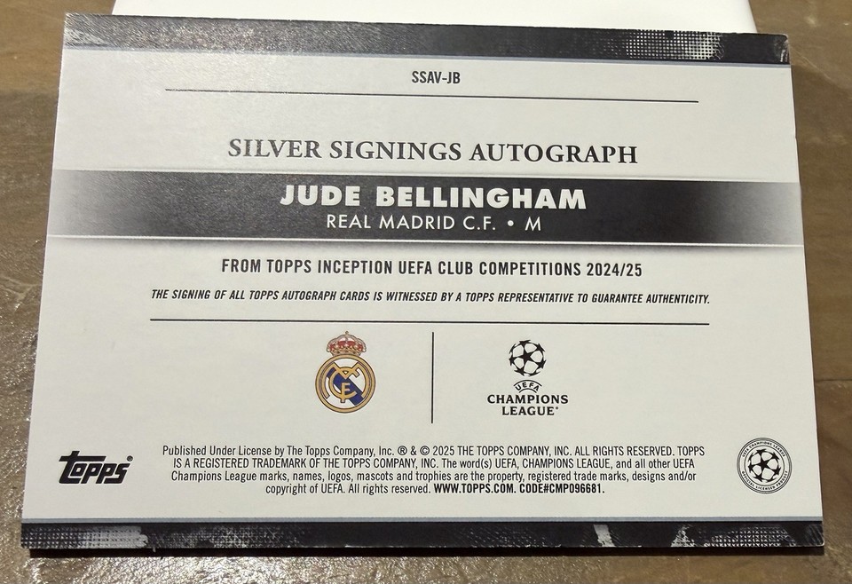 Jude Bellingham Real Madrid 24/25 Topps Inception Silver Signings 3/25 ...