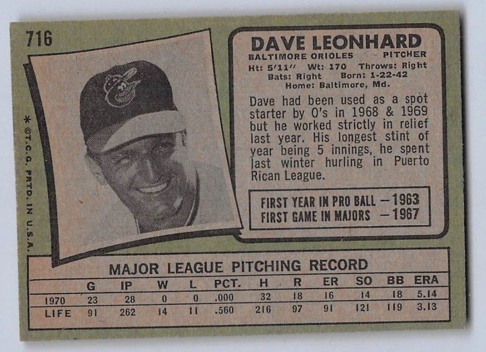 1971 DAVE LEONHARD - Topps Baseball Card # 716 - BALTIMORE ORIOLES ...