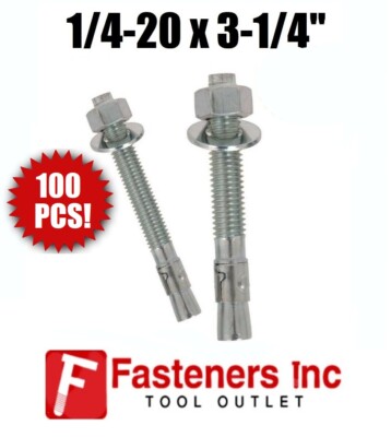 (Qty 100) 1/4-20 x 3-1/4" Concrete Wedge Anchor Zinc Plated | eBay